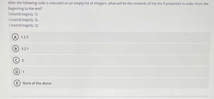 Solved After the following code is executed on an empty list | Chegg.com