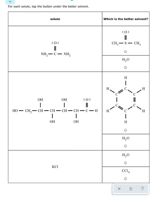 Solved For each solute, tap the button under the better | Chegg.com