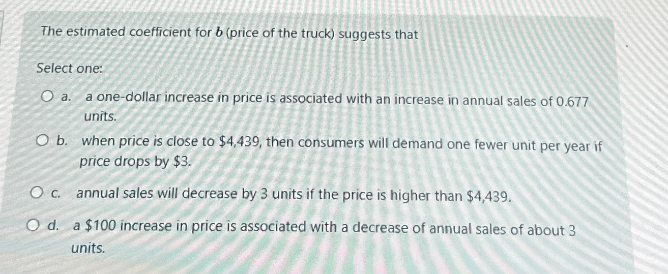 Solved The estimated coefficient for b (price of the truck) | Chegg.com