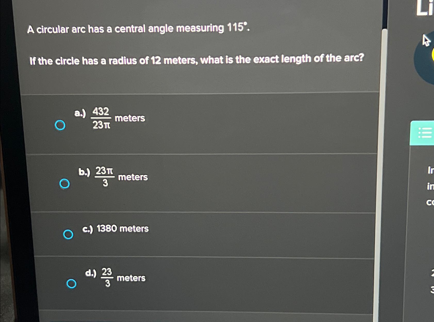 Solved A circular arc has a central angle measuring 115°.If | Chegg.com