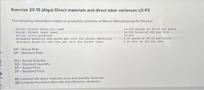 Solved Exercise 23-15 (Algo) Direct materials and direct | Chegg.com