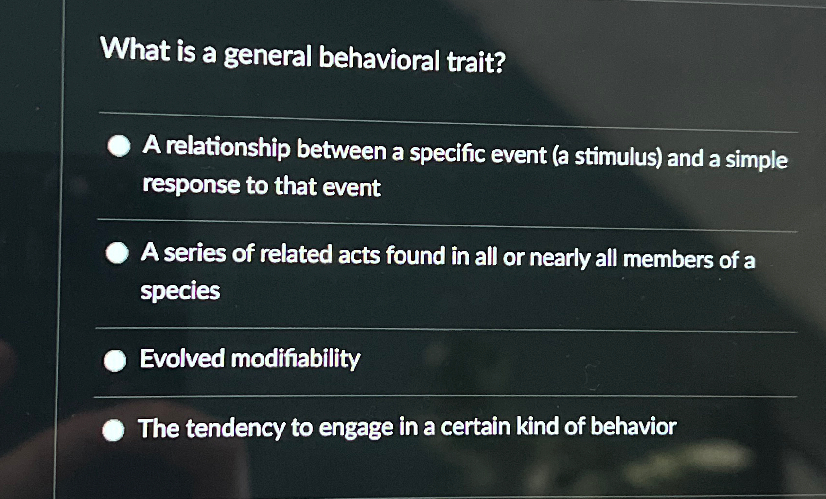 Solved What is a general behavioral trait?A relationship | Chegg.com