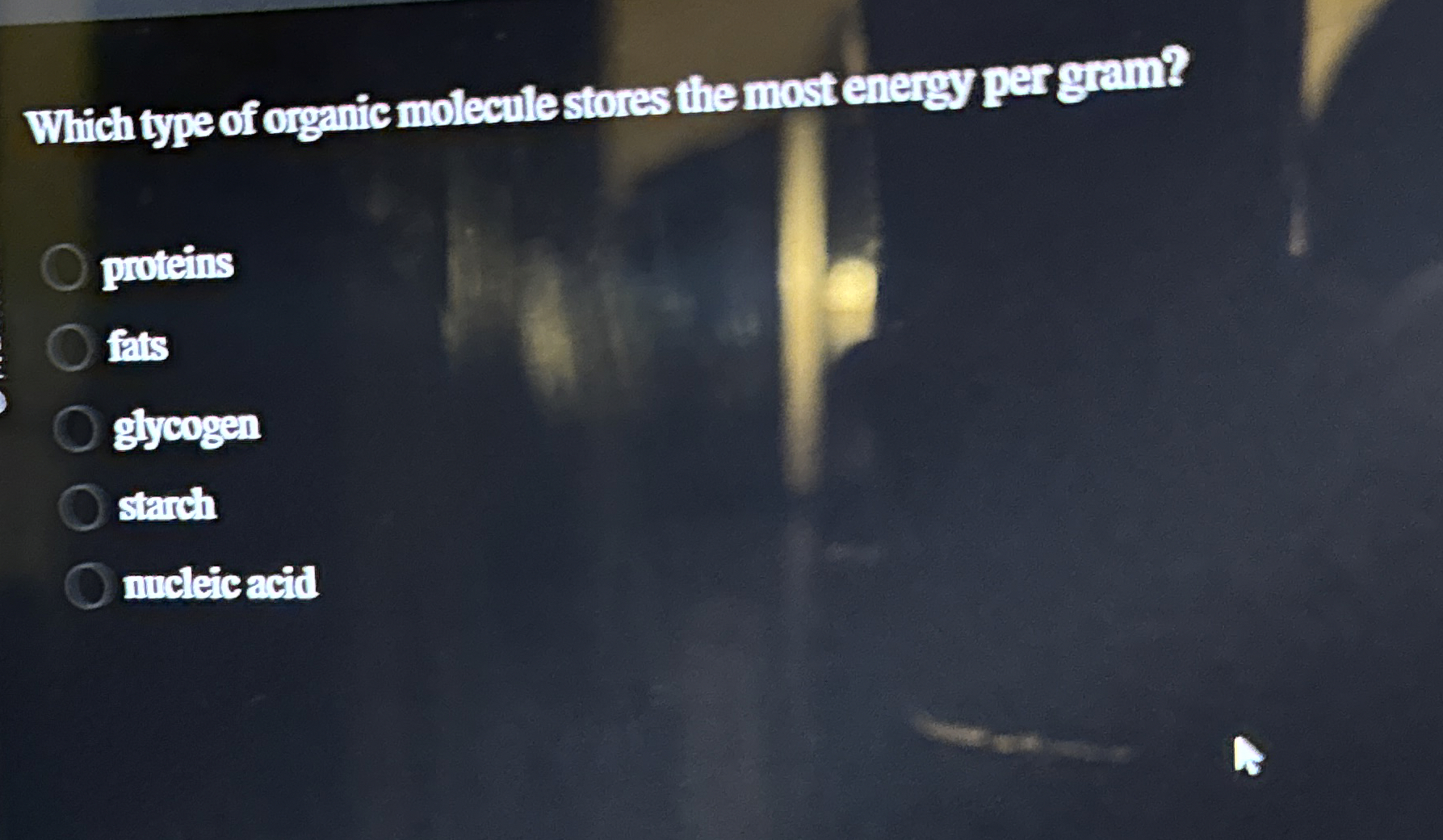 Solved Which type of organic molecule stores the most energy | Chegg.com