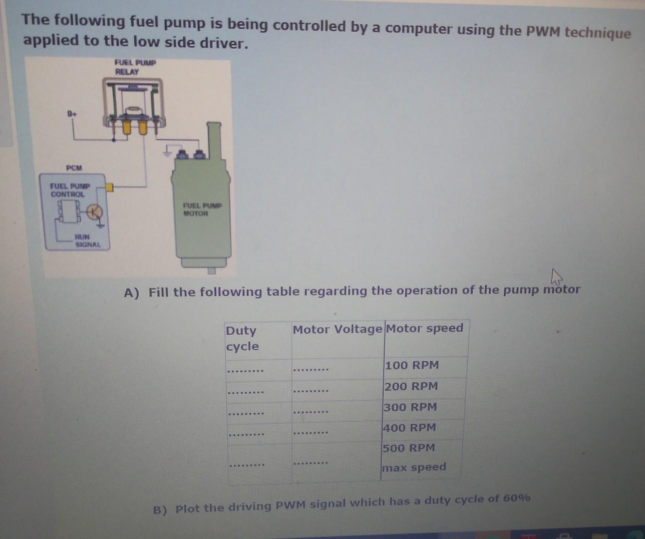 Solved The following fuel pump is being controlled by a | Chegg.com