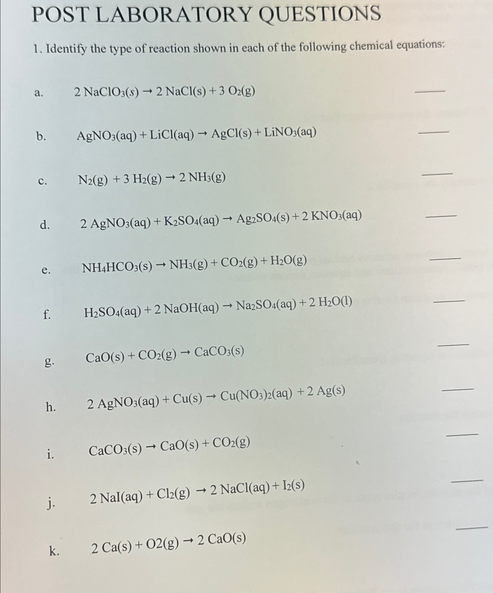 Solved POST LABORATORY QUESTIONSIdentify the type of | Chegg.com