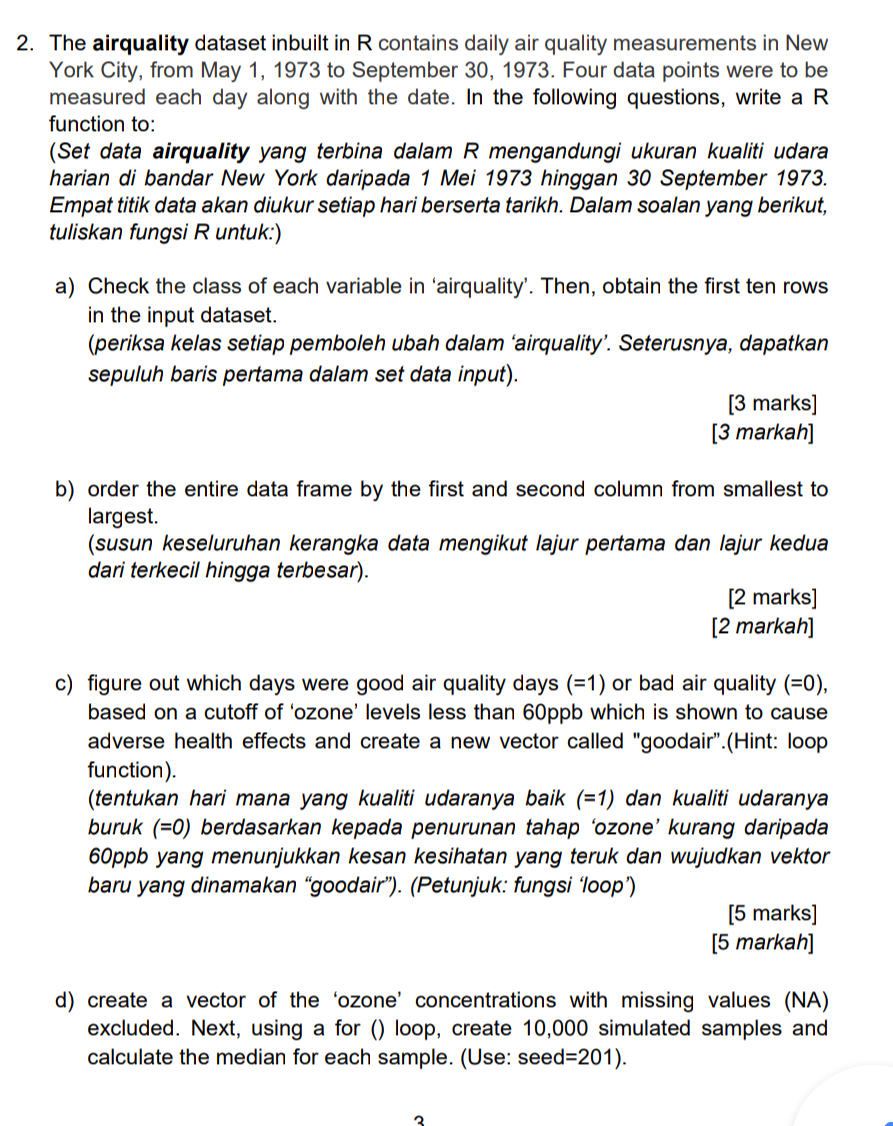Solved 2. The airquality dataset inbuilt in R contains daily | Chegg.com