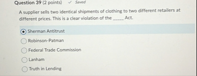 Solved Question 39 (2 ﻿points) ﻿SavedA supplier sells two | Chegg.com