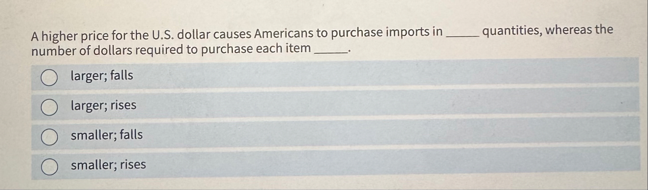 Solved A higher price for the U.S. ﻿dollar causes Americans | Chegg.com