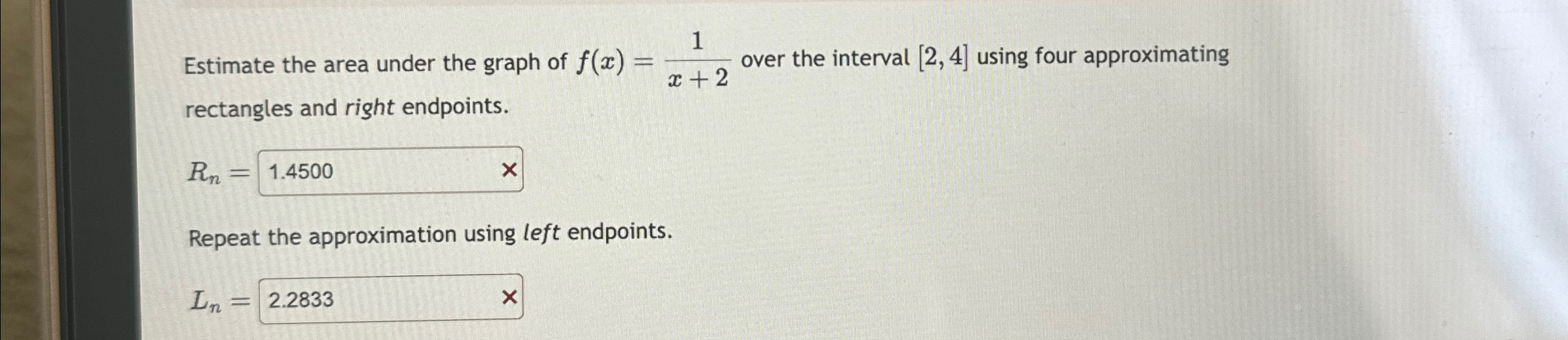 Solved Estimate the area under the graph of f(x)=1x+2 ﻿over | Chegg.com