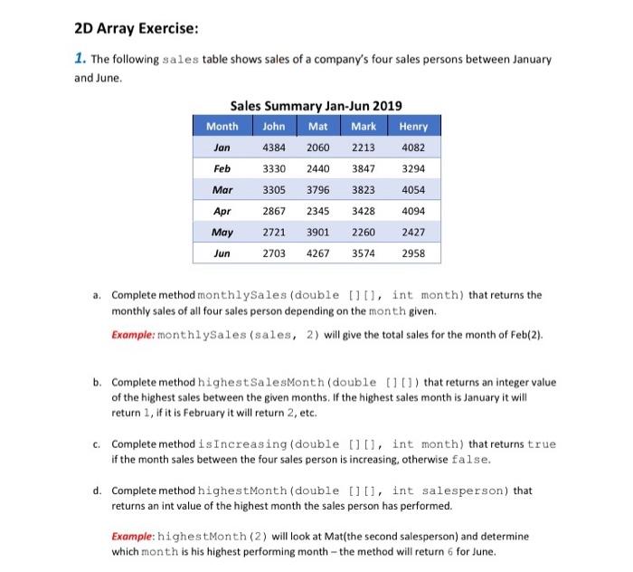 Solved 2d Array Exercise 1 The Following Sales Table Shows 