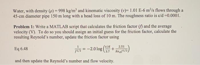 Solved Water, with density (ρ)=998 kg/m3 and kinematic | Chegg.com