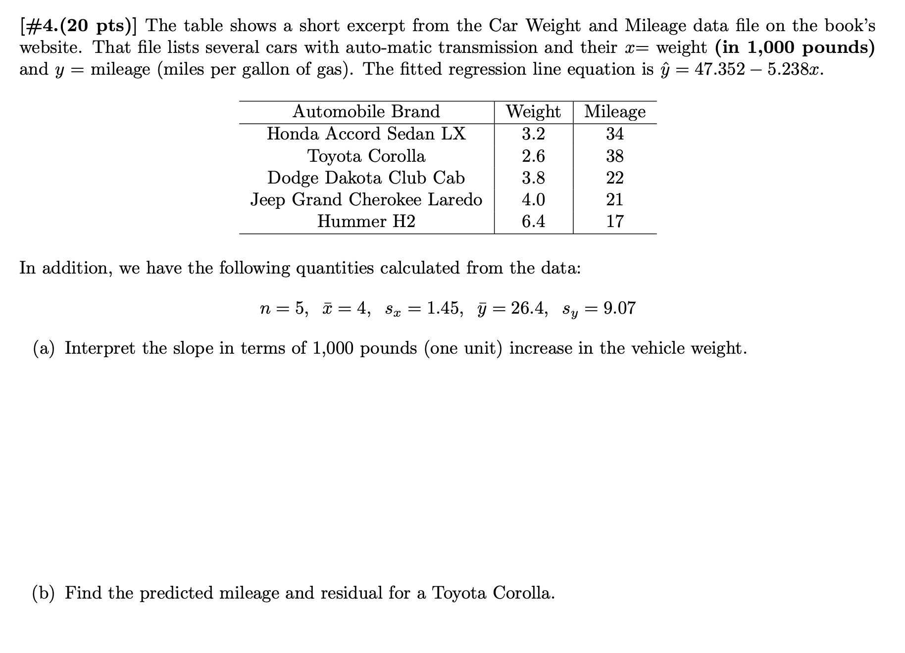 Solved (20pts)website. That file lists several cars with | Chegg.com