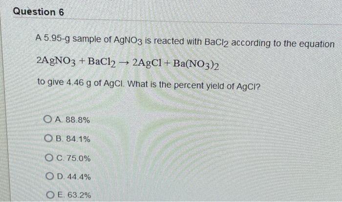 Solved A 5.95-g sample of AgNO3 is reacted with BaCl2 | Chegg.com