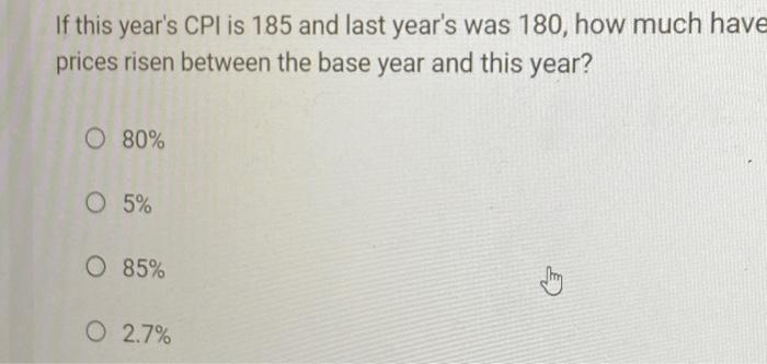 Solved If this year's CPI is 185 and last year's was 180, | Chegg.com