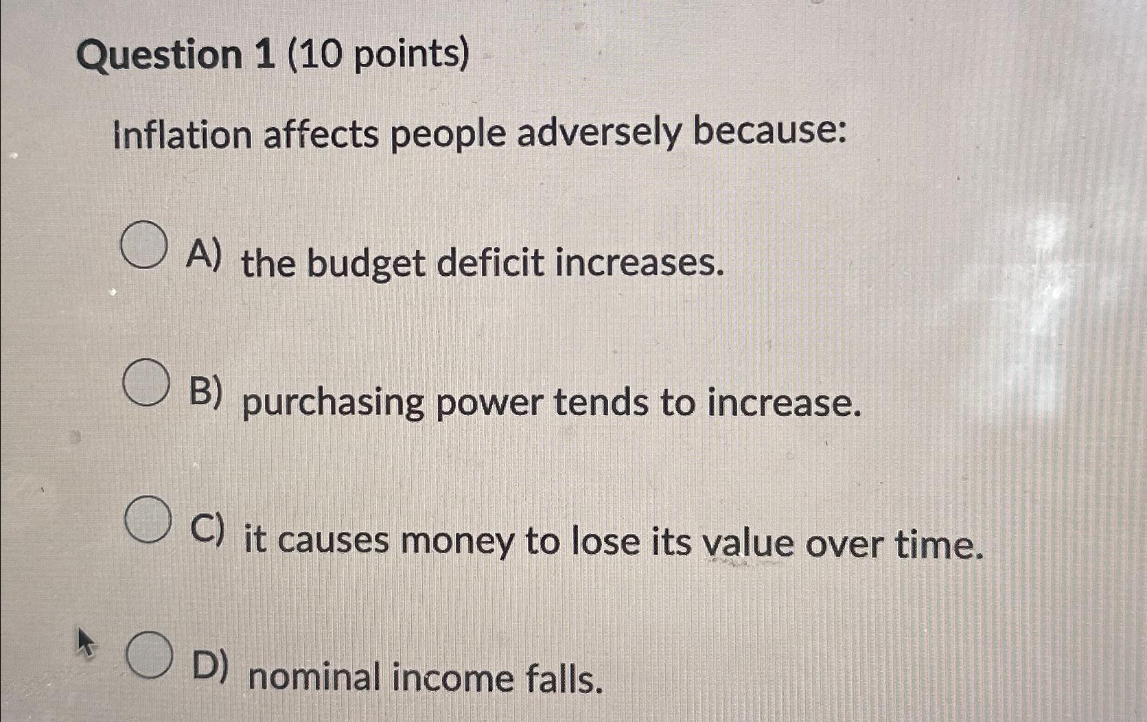 Solved Question 1 (10 ﻿points)Inflation affects people | Chegg.com
