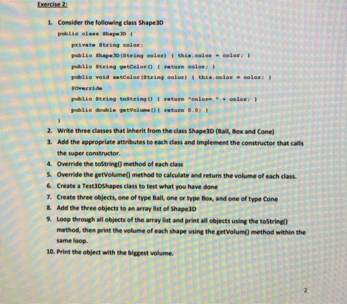 Solved Exercise 2: 1. Consider the following class Shape 3D | Chegg.com