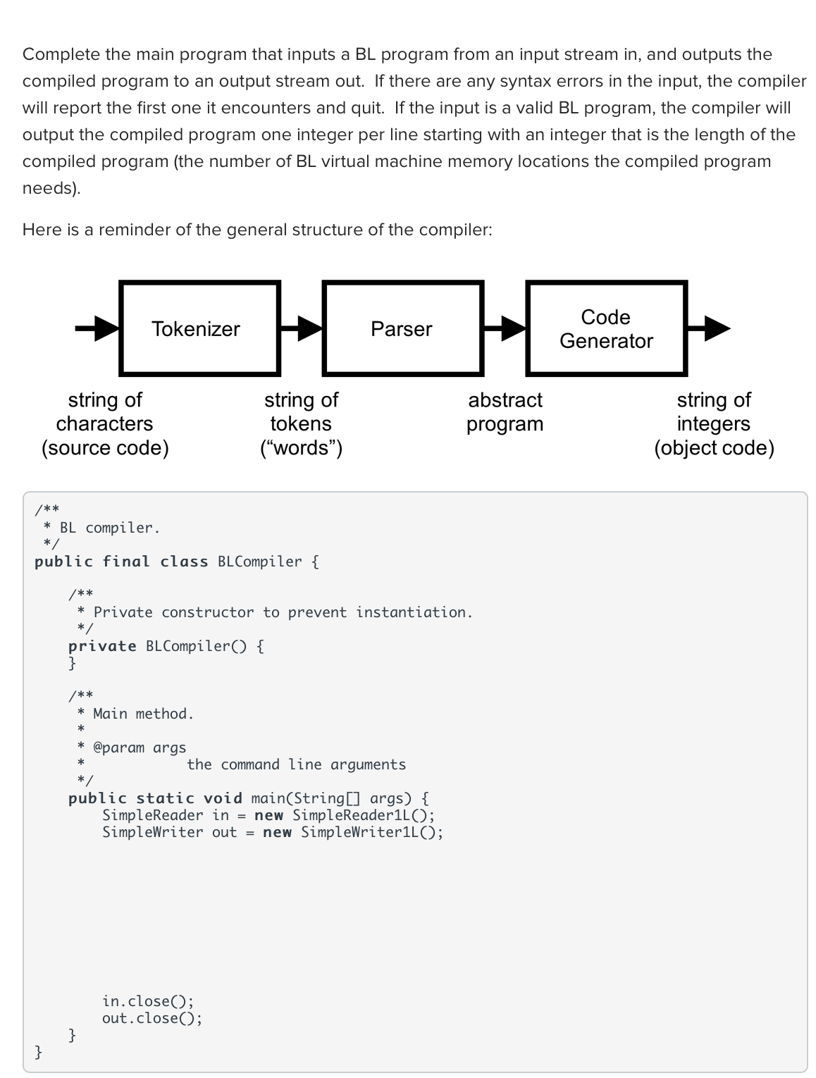 Solved Complete the main program that inputs a BL program | Chegg.com
