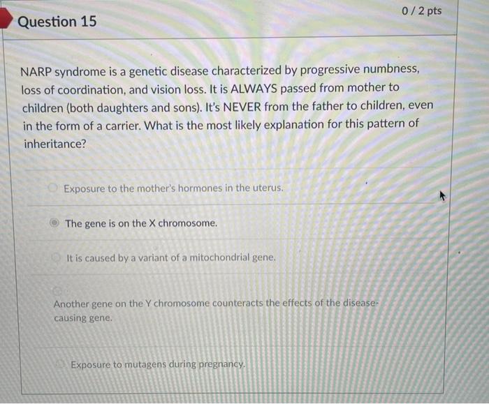 Solved 0/2 pts Question 15 NARP syndrome is a genetic | Chegg.com