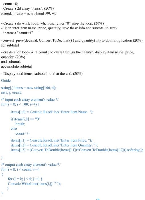 Solved - count =0; - Create a 2 d array "items". (20\%) | Chegg.com
