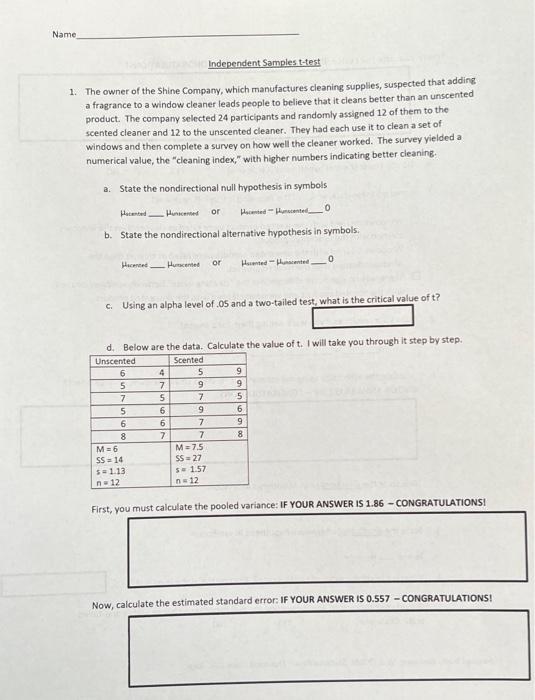 Solved Independent Samples t test worksheet. I need help | Chegg.com