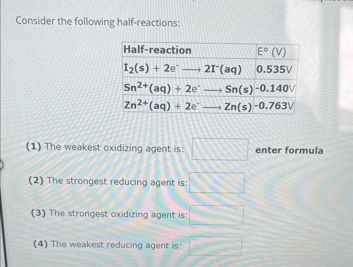 Solved Consider the following half-reactions: (1) The | Chegg.com