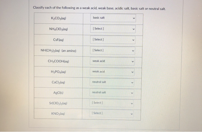 Solved Classify each of the following as a weak acid, weak | Chegg.com