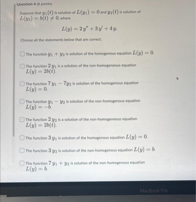 Solved Suppose that y1(t) is solution of L(y1)=0 and y2(t) | Chegg.com
