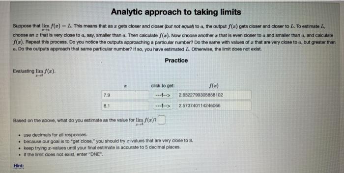 Solved Analytic approach to taking limits Suppose that lim | Chegg.com