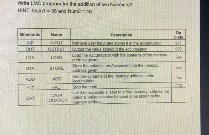 Solved Write Lmc Program For The Addition Of Two Numbers 1582