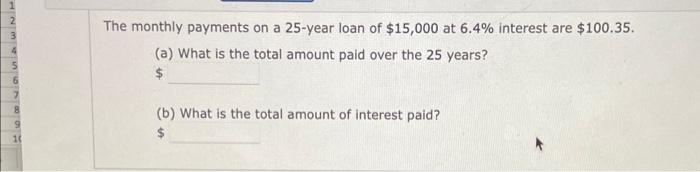 Solved The monthly payments on a 25 -year loan of $15,000 at | Chegg.com