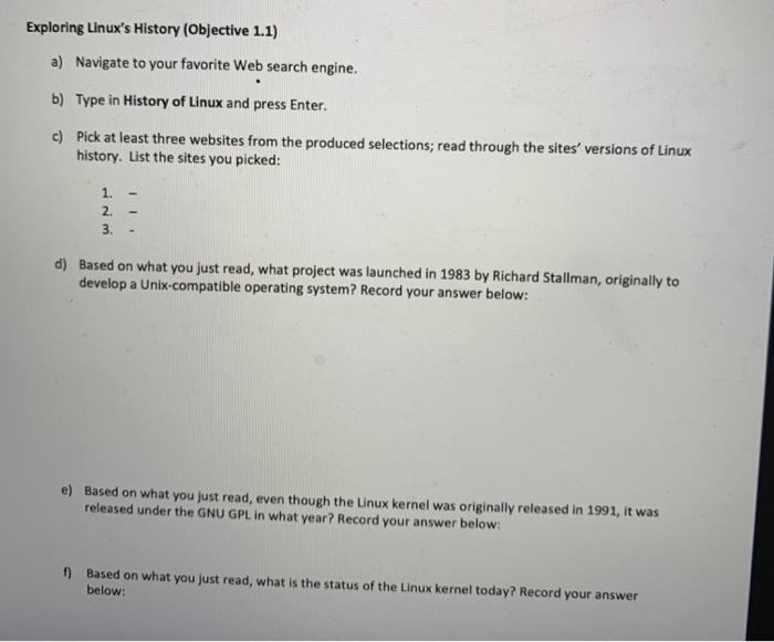 Solved Exploring Linux's History (Objective 1.1) a) Navigate | Chegg.com