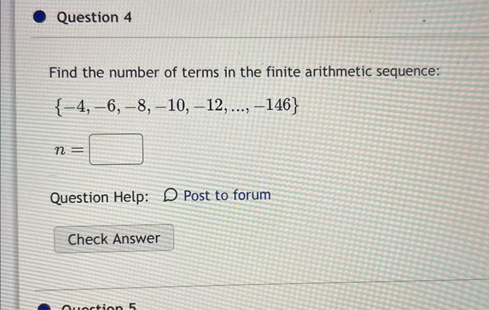 Solved Find the number of terms in the finite arithmetic | Chegg.com