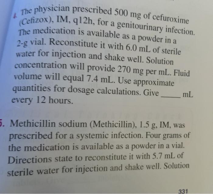 Solved The physician prescribed 500 mg of cefuroxime | Chegg.com