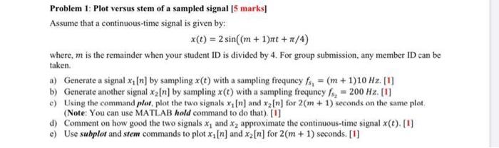 Solved Problem 1: Plot versus stem of a sampled signal 15 | Chegg.com
