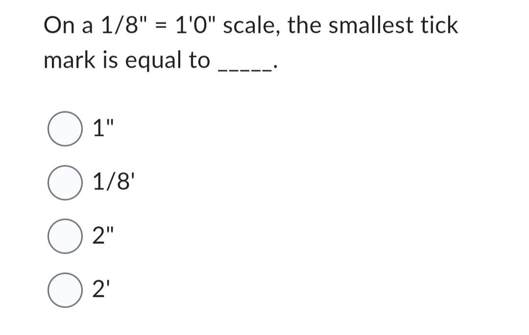Solved On a 1/8′′=1′0′′ scale, the smallest tick mark is | Chegg.com