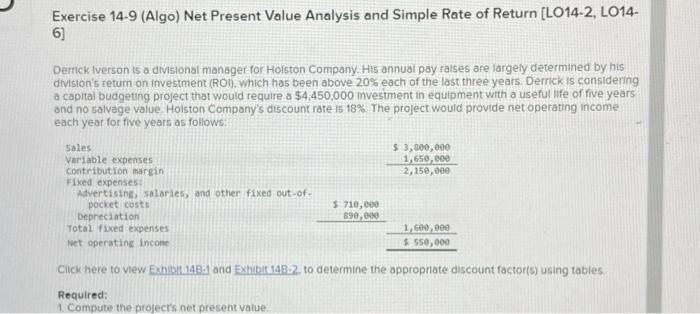 Solved Exercise 14-9 (Algo) Net Present Value Analysis and | Chegg.com