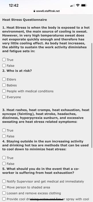 Solved Heat Stress Questionnaire 1. Heat Stress is when the | Chegg.com