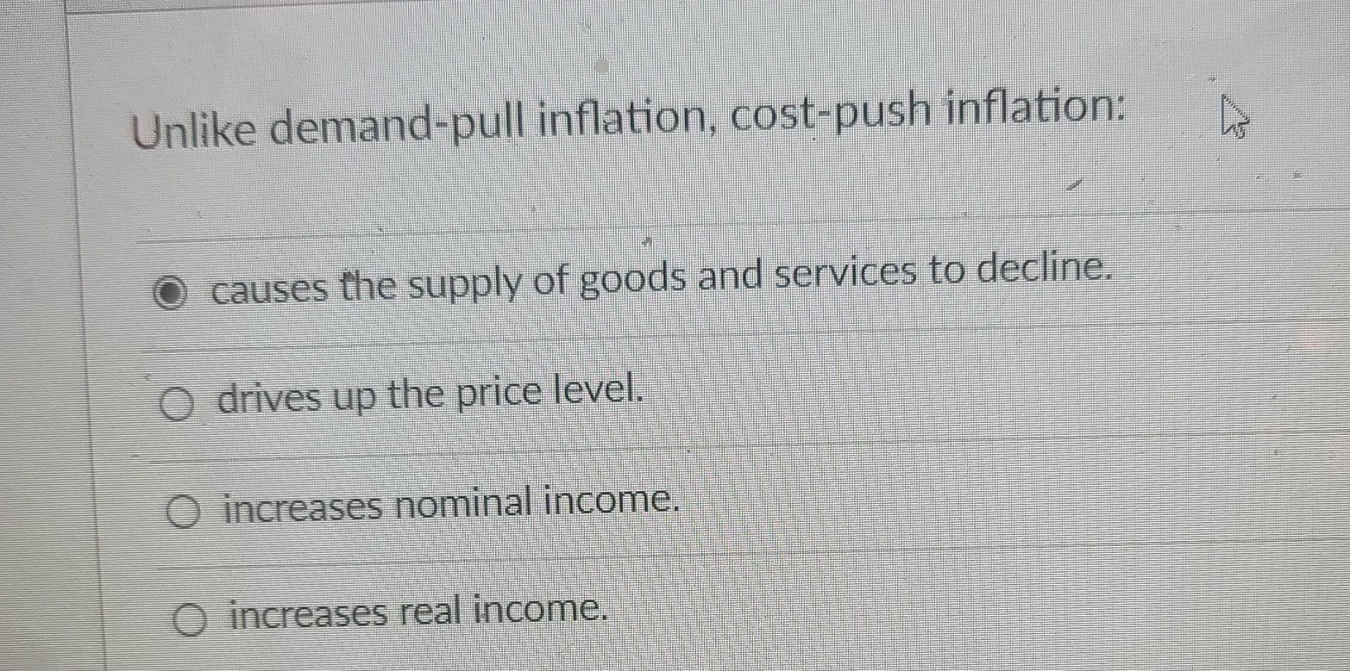 Solved Unlike demand-pull inflation, cost-push inflation: | Chegg.com