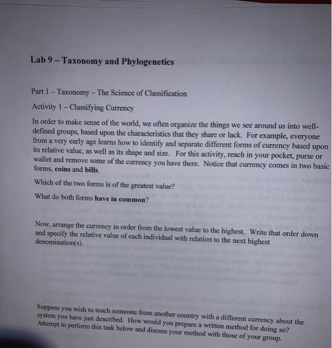 Lab 9 - Taxonomy and Phylogenetics Part 1 - Taxonomy | Chegg.com