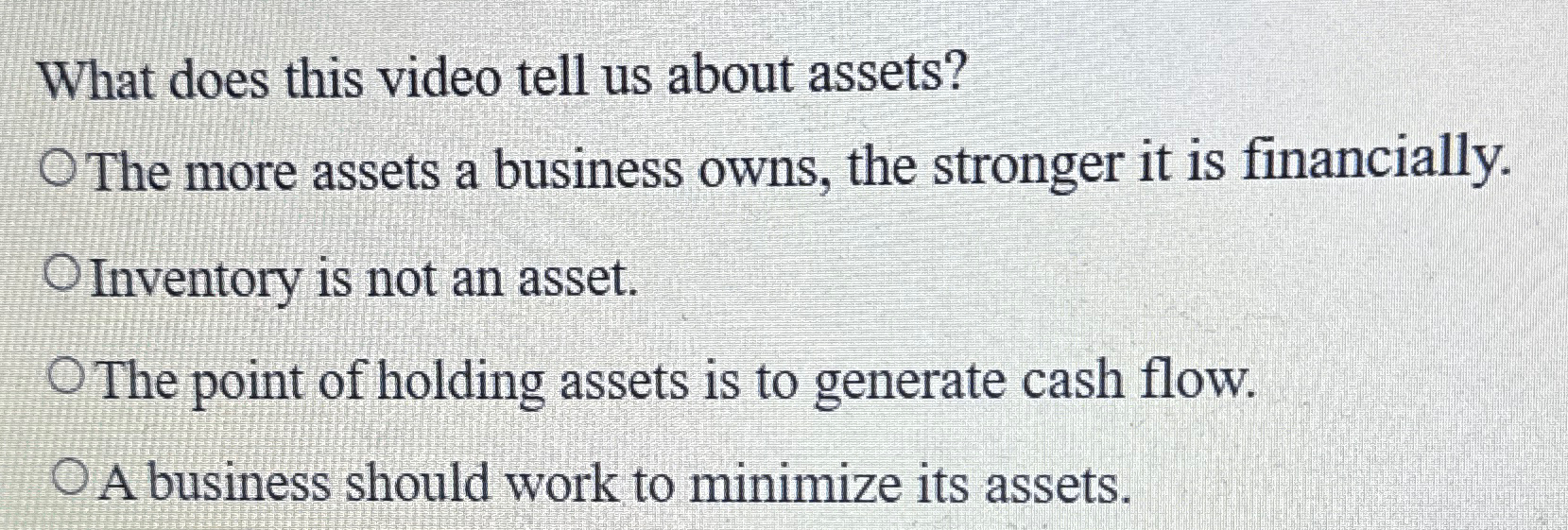 Solved What does this video tell us about assets?q, ﻿The | Chegg.com