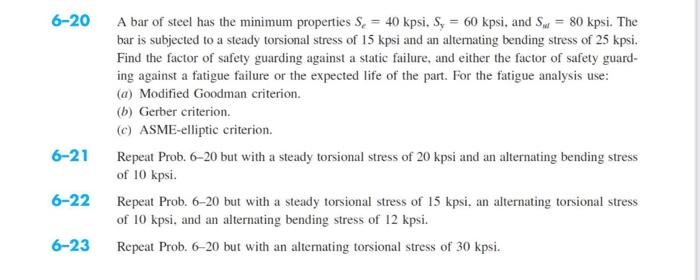 Solved 6-20 A bar of steel has the minimum properties Sn = | Chegg.com