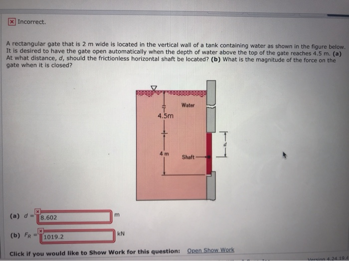 Solved x Incorrect. A rectangular gate that is 2 m wide is | Chegg.com