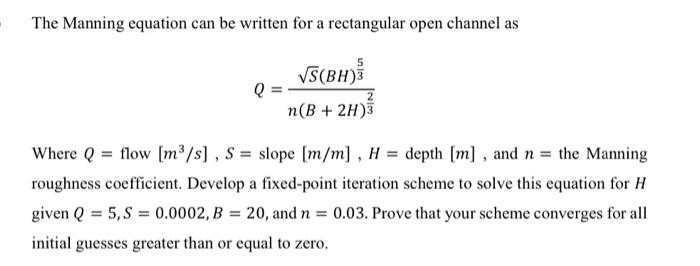 Solved The Manning equation can be written for a rectangular | Chegg.com
