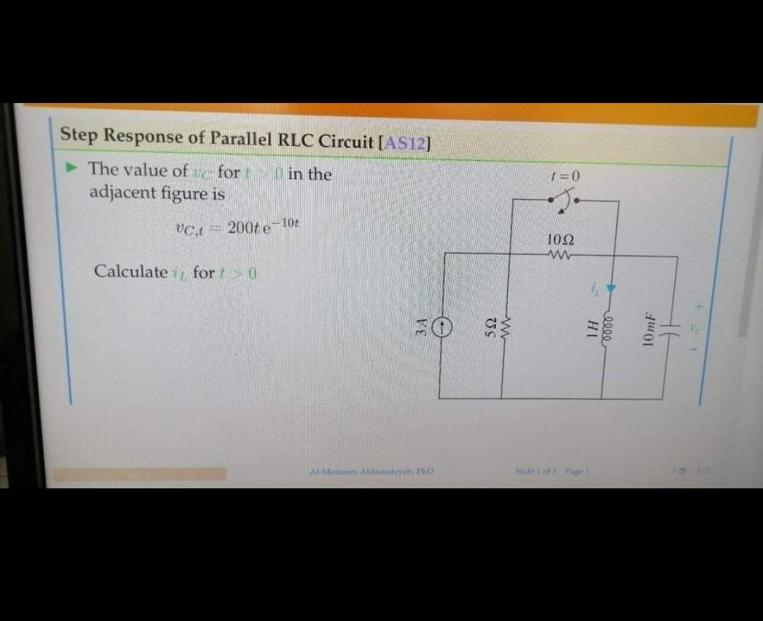 Solved Step Response of Parallel RLC Circuit [AS12] The | Chegg.com