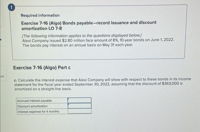 Solved Required information Exercise 7-16 (Algo) Bonds | Chegg.com