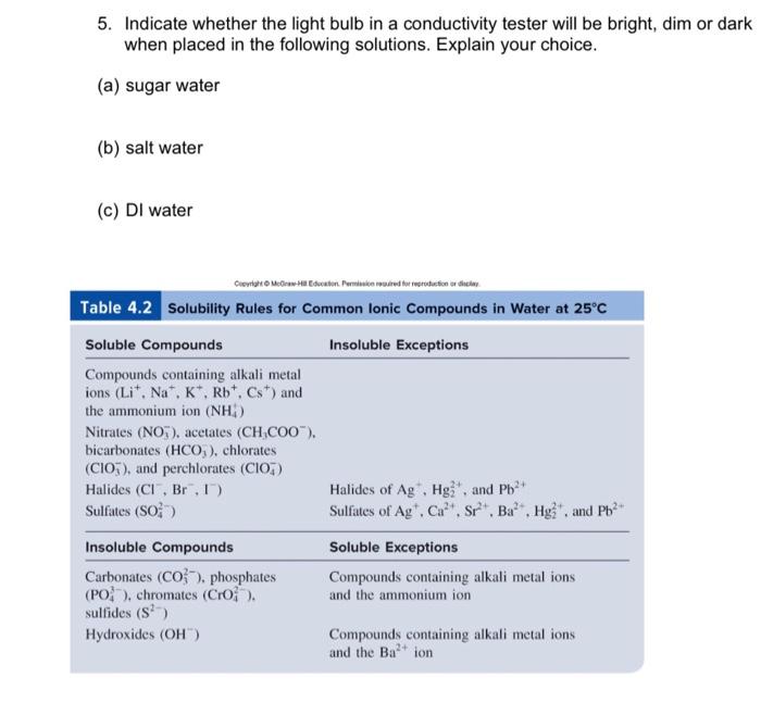 Solved 5. Indicate whether the light bulb in a conductivity | Chegg.com
