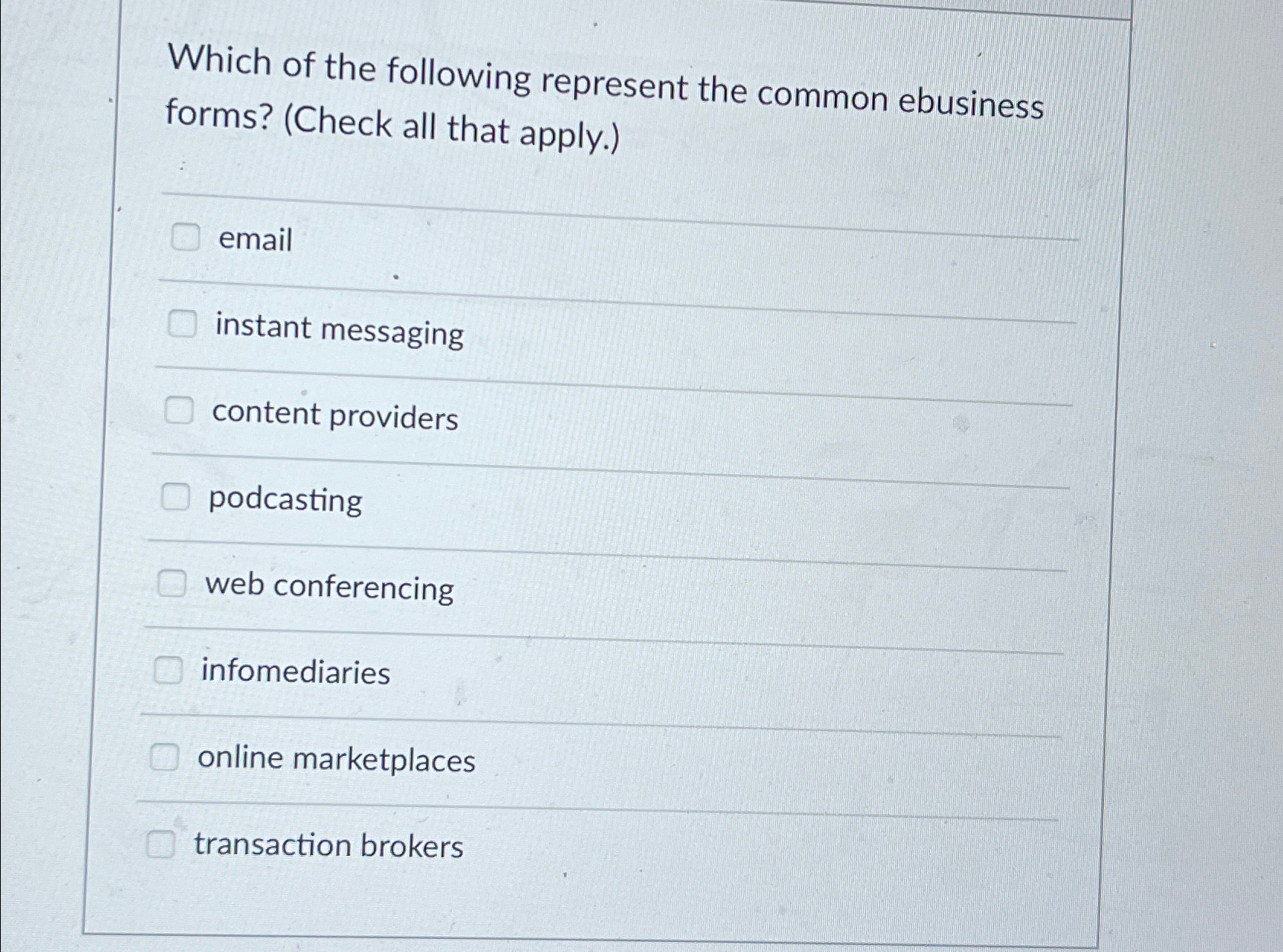 Solved Which of the following represent the common ebusiness | Chegg.com