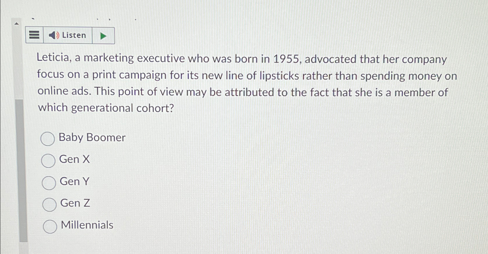 Solved ListenLeticia, a marketing executive who was born in | Chegg.com