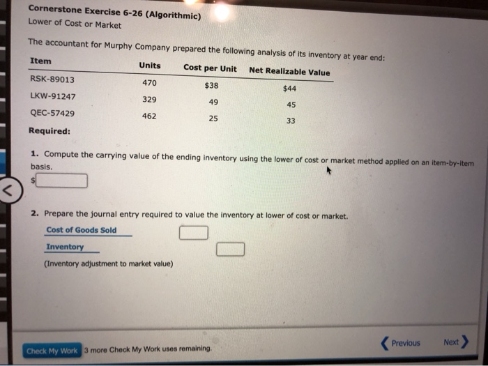 Solved Cornerstone Exercise 6-26 (Algorithmic) Lower of Cost | Chegg.com