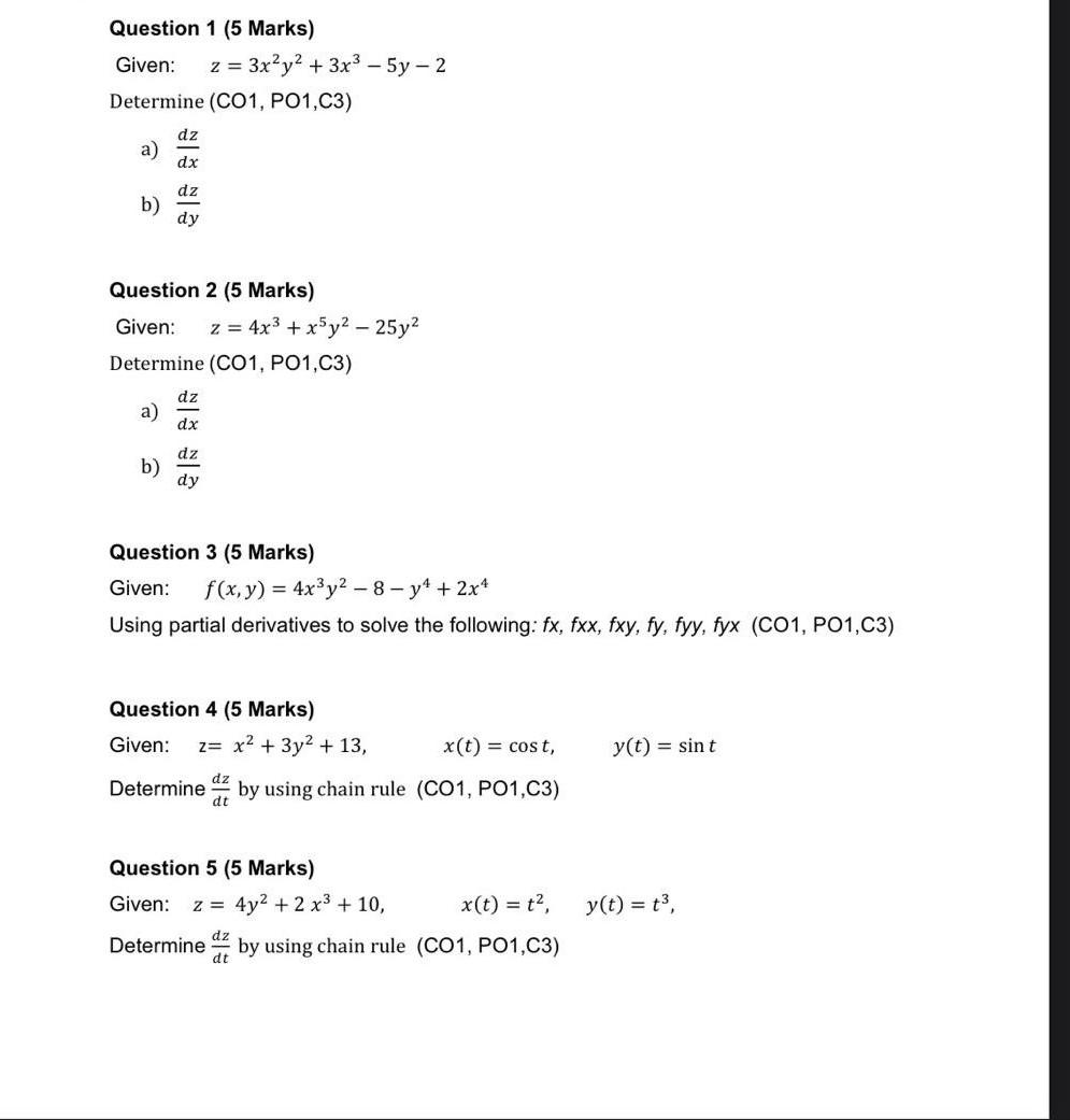Solved Question 1 (5 Marks) Given: z=3x2y2+3x3−5y−2 | Chegg.com